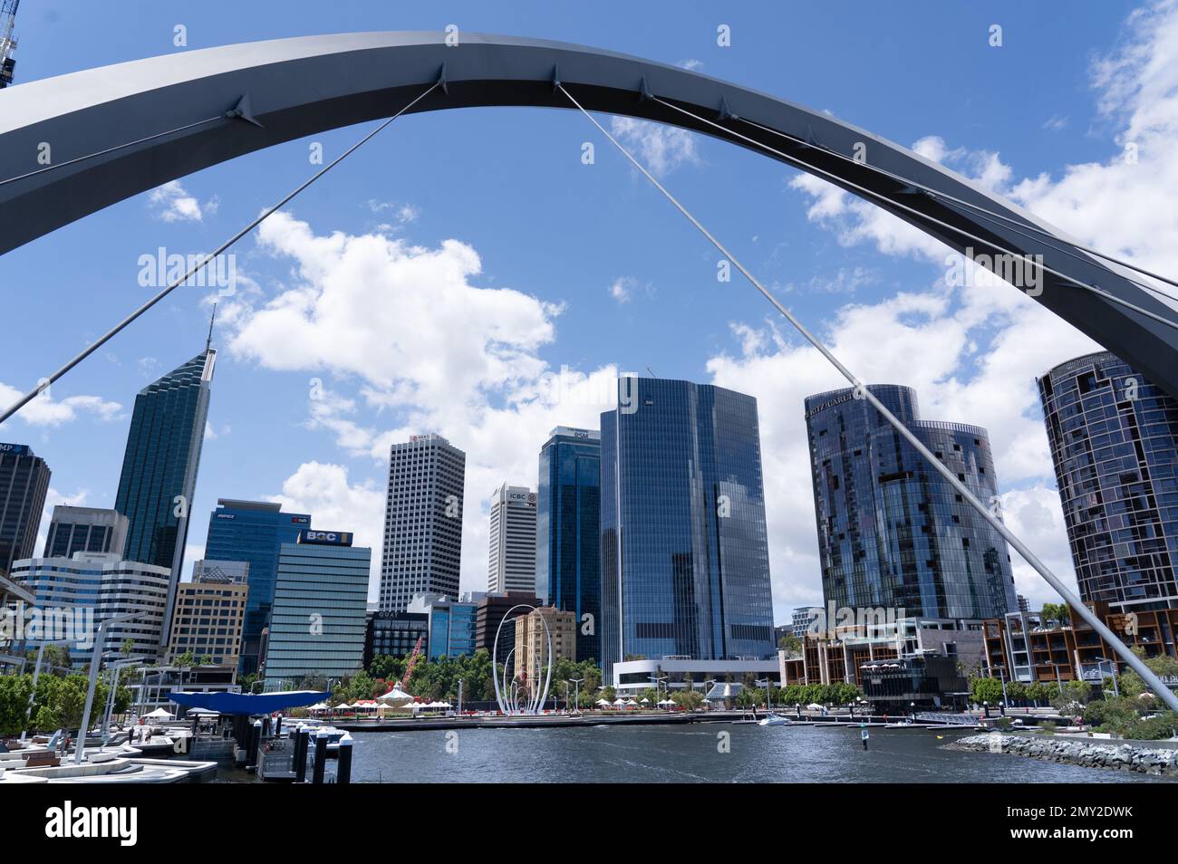 A scenic shot of buildings seen from the Elizabeth Quay bridge, Perth ...