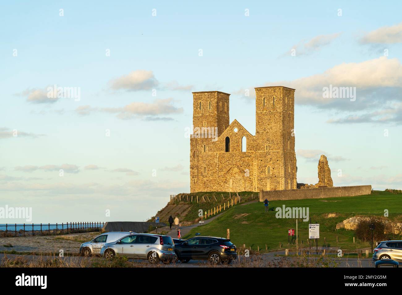 The 12th century twin towers of the ruins of Reculver church on the ...
