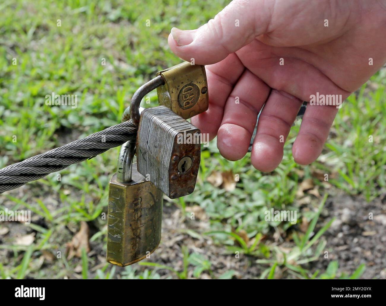 In this photo taken, Aug., 11, 2016, Mickey Munday shows locks left by ...