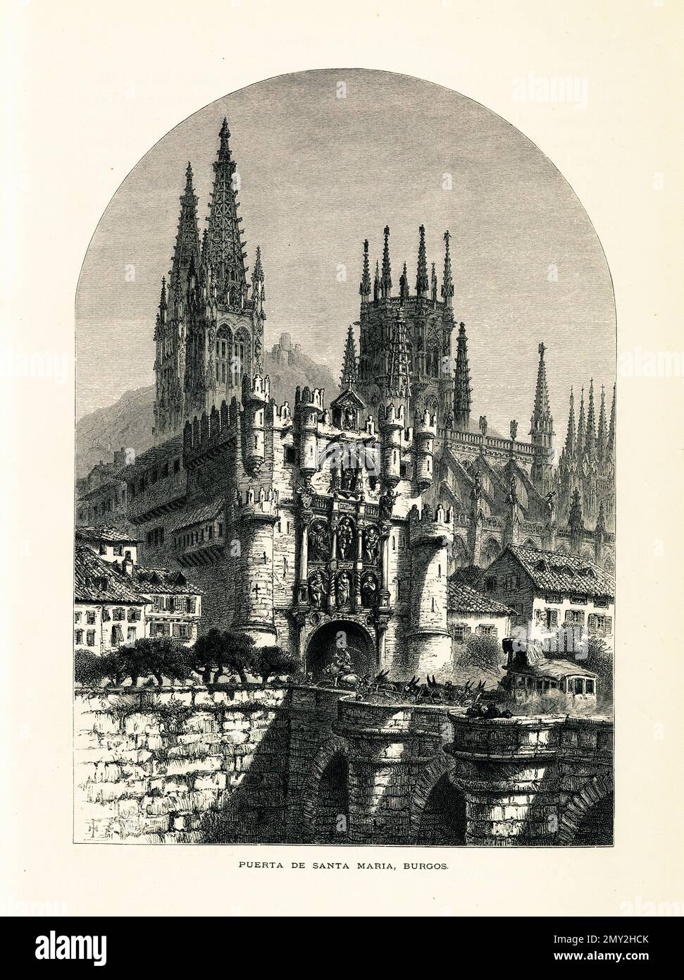 Antique engraving of the Burgos Cathedral, a Gothic-style world ...