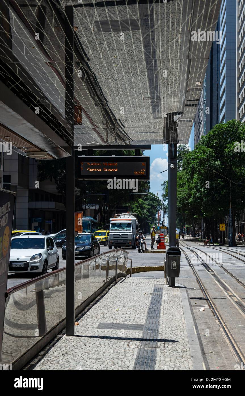 A LED information sign at Candelaria tram stop platform showing the ...