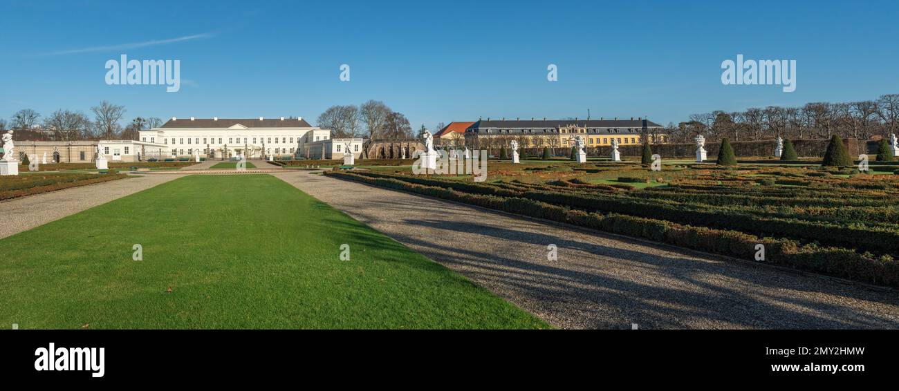 Panoramic view of Herrenhausen Gardens with Herrenhausen Palace and ...