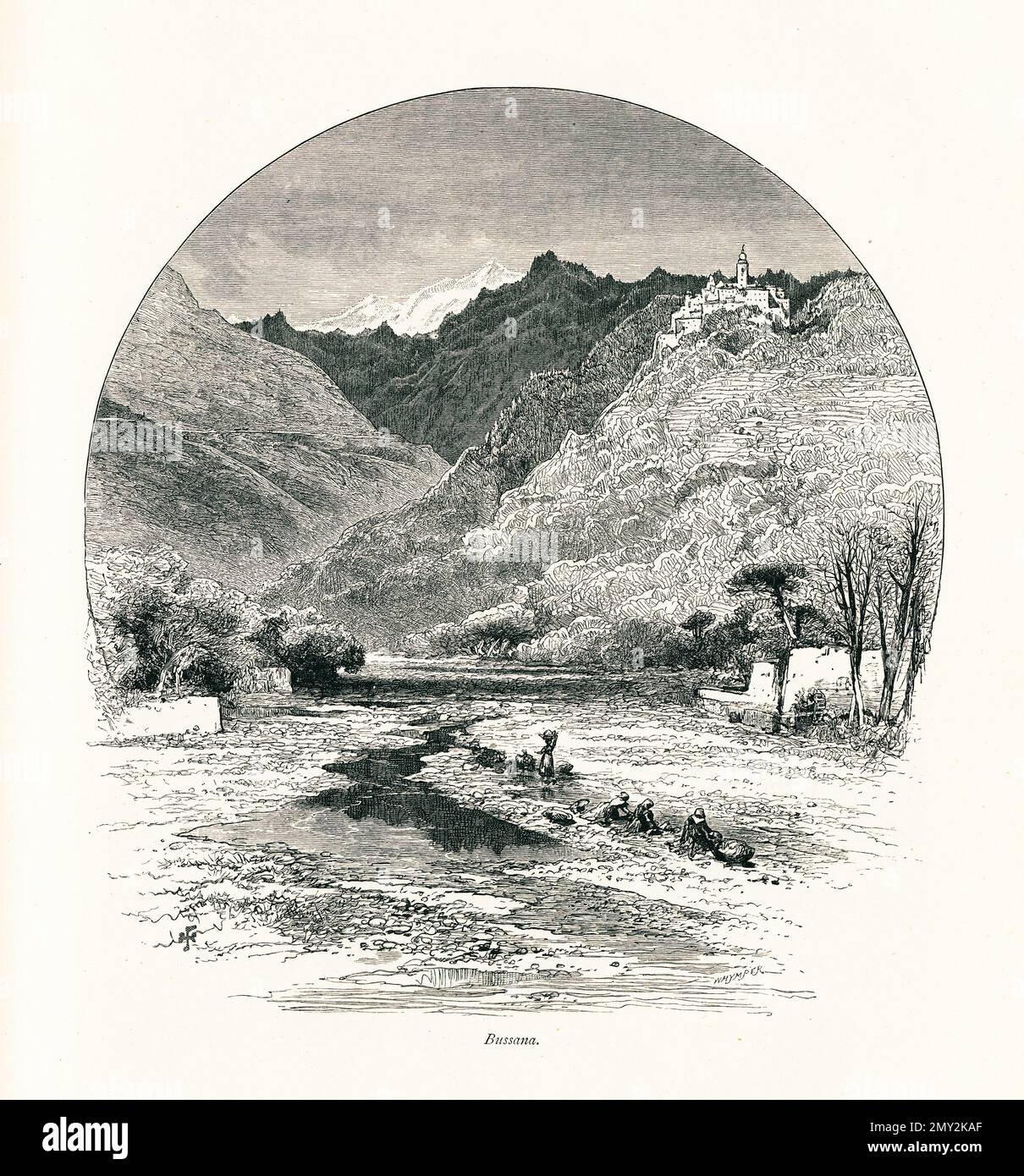 Antique engraving of Bussana Vecchia (formerly known as Bussana), an ...