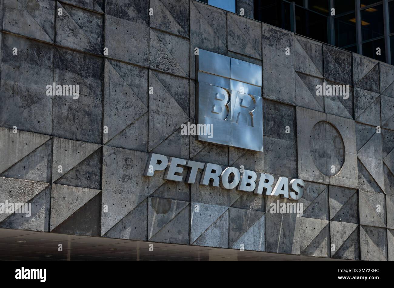 The Petrobras silver logo at the entrance of Petrobras headquarters ...