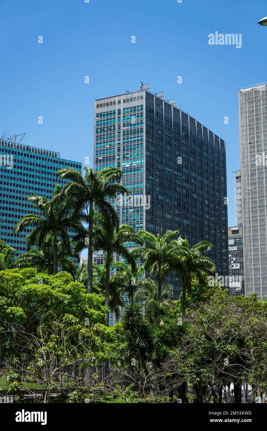 Partial view of blue Avenida Central building in Centro district behind ...