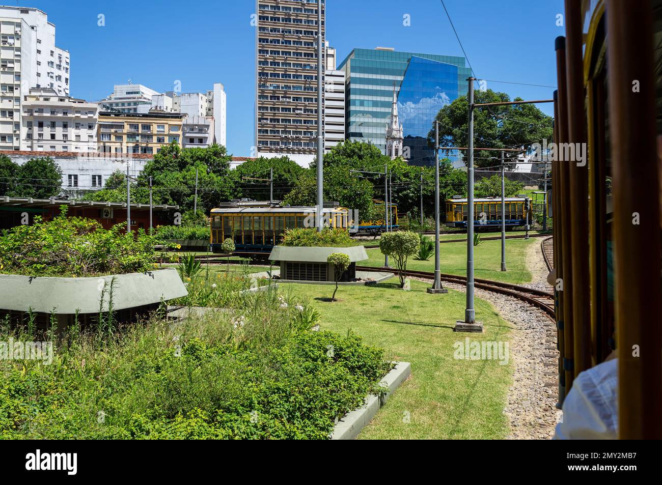 Partial view of Santa Teresa tram yard and the station nearby tall ...