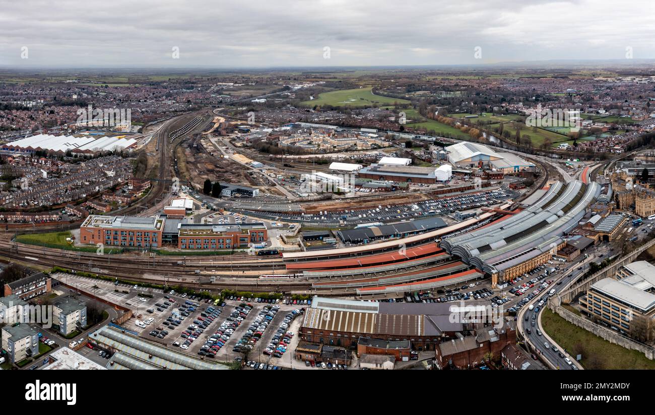 An aerial view of the buildings and surrounding area of York train ...