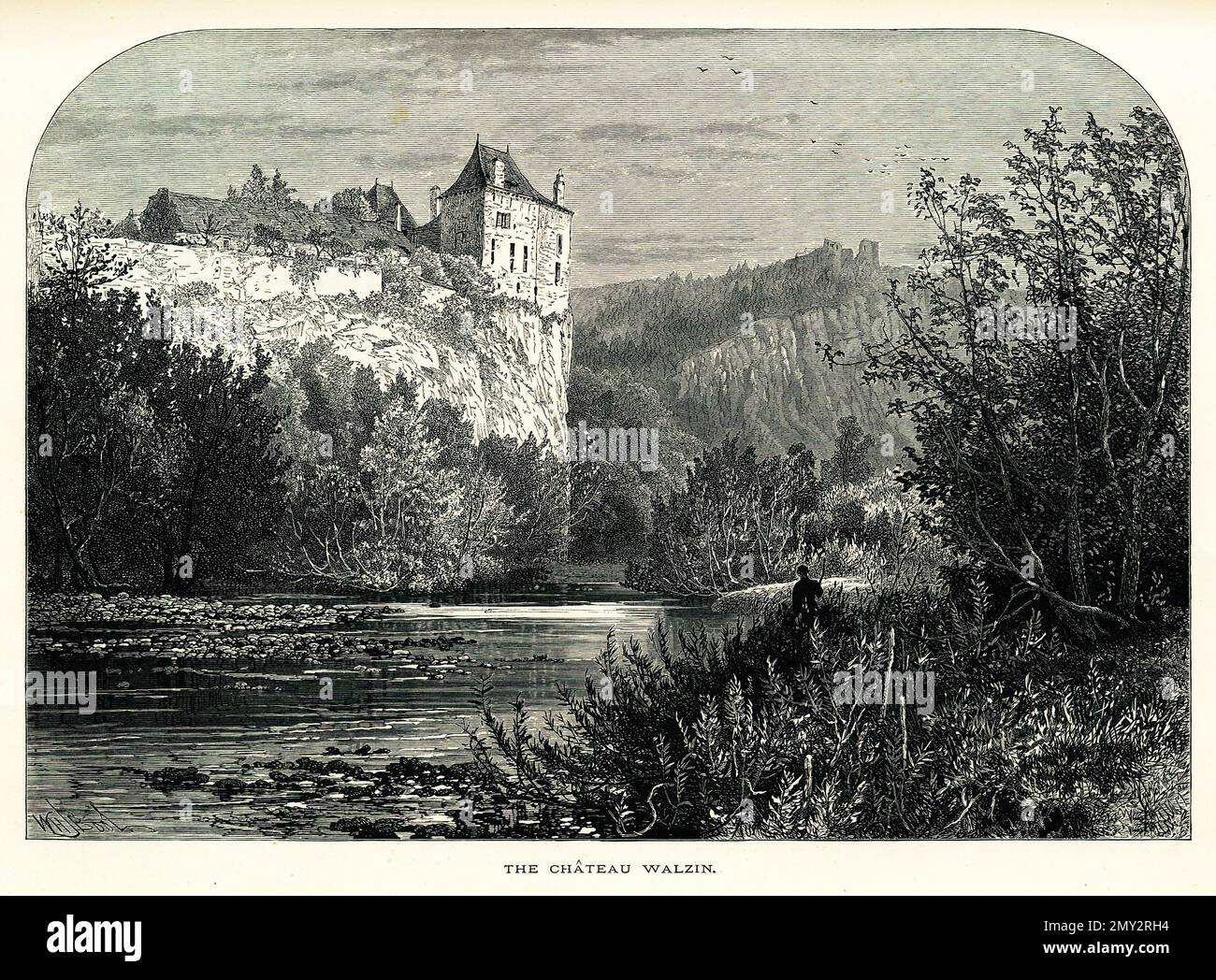 Antique illustration of Chateau de Walzin in Dinant, Belgium. Engraving ...