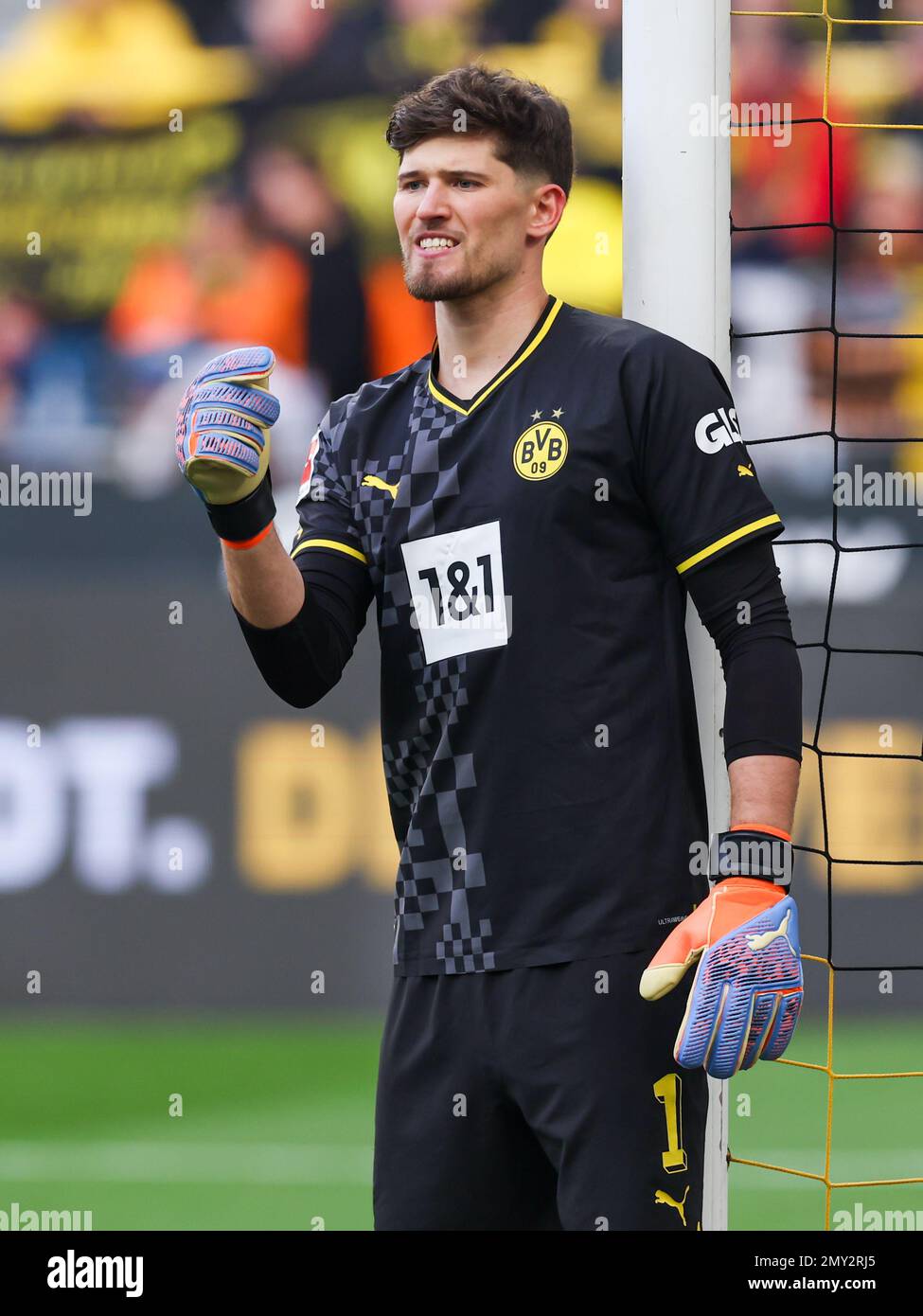 DORTMUND, GERMANY - FEBRUARY 4: goalkeeper Gregor Kobel of Borussia ...