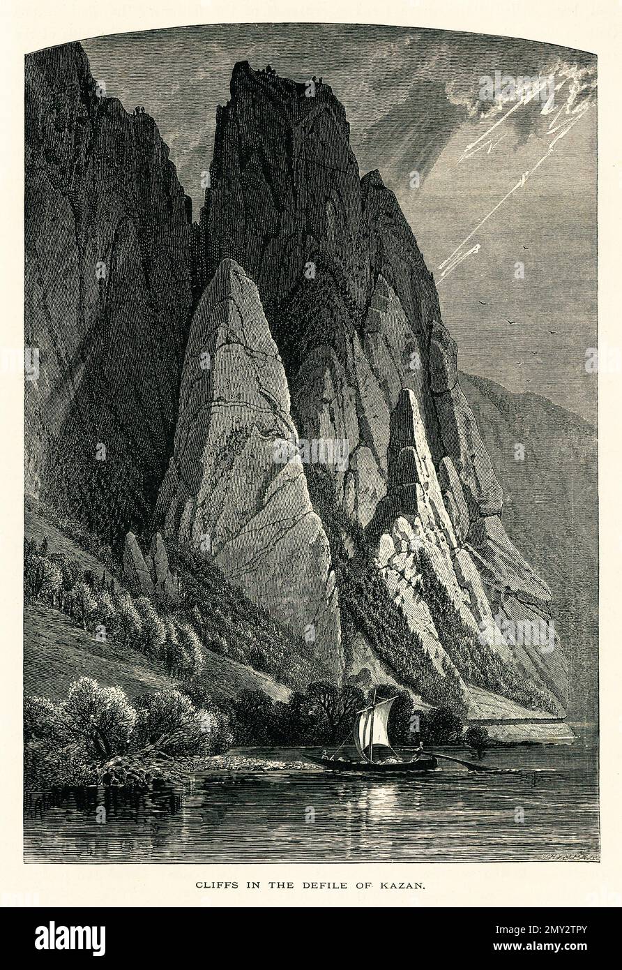 Antique engraving of the cliffs in the defile of Kazan, Iron Gates ...