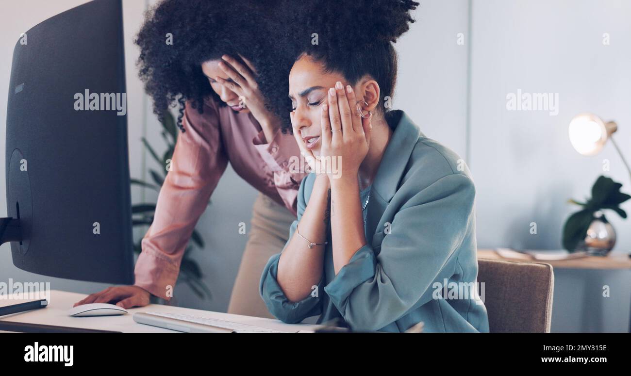 Computer, black african american woman or manager coaching, training or helping an employee with ...