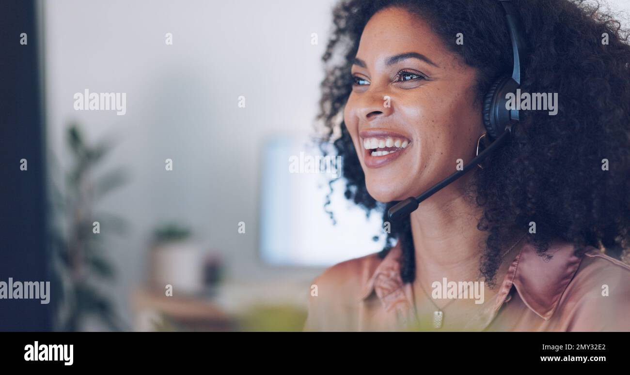 Headache, frustrated or black woman in call center with stress working ...