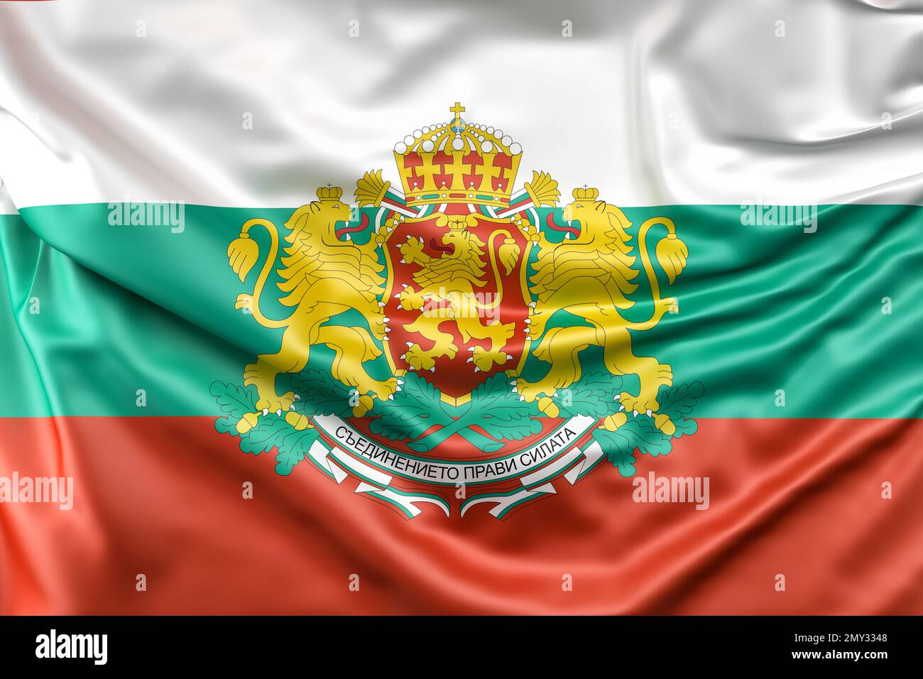 Ruffled Flag of Bulgaria with Coat of Arms. 3D Rendering Stock Photo ...