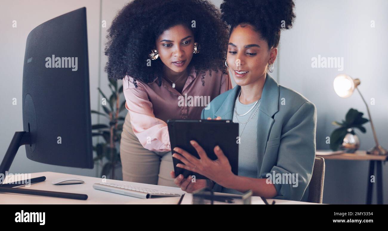 Computer, black african american woman or manager coaching, training or ...