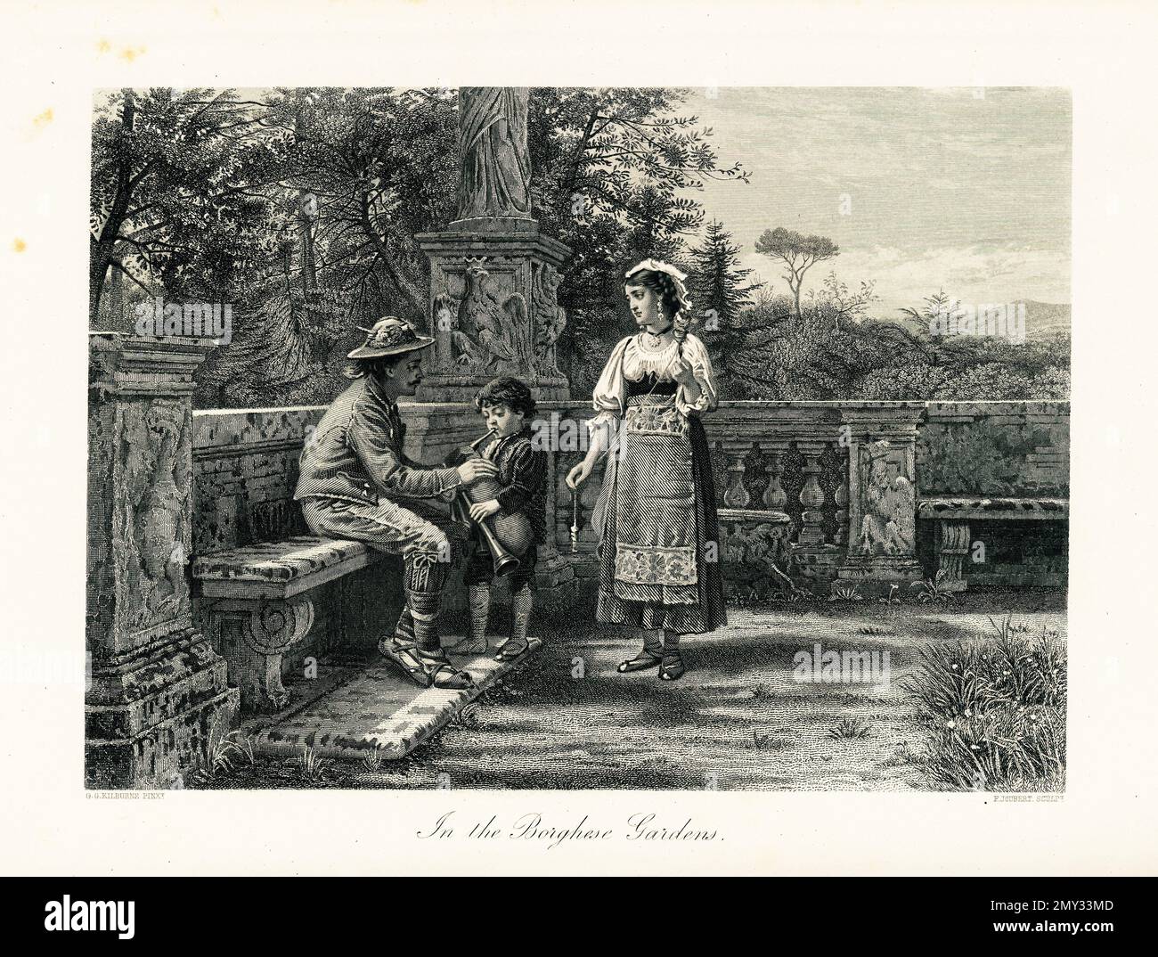 19th-century scene in the Villa Borghese gardens in Rome, Italy ...