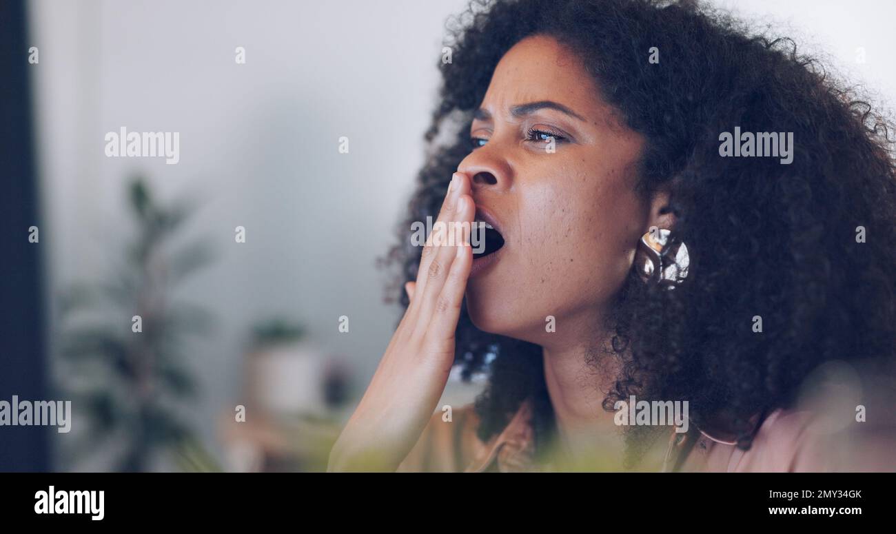 Customer service, tired and woman yawning in call center office on ...