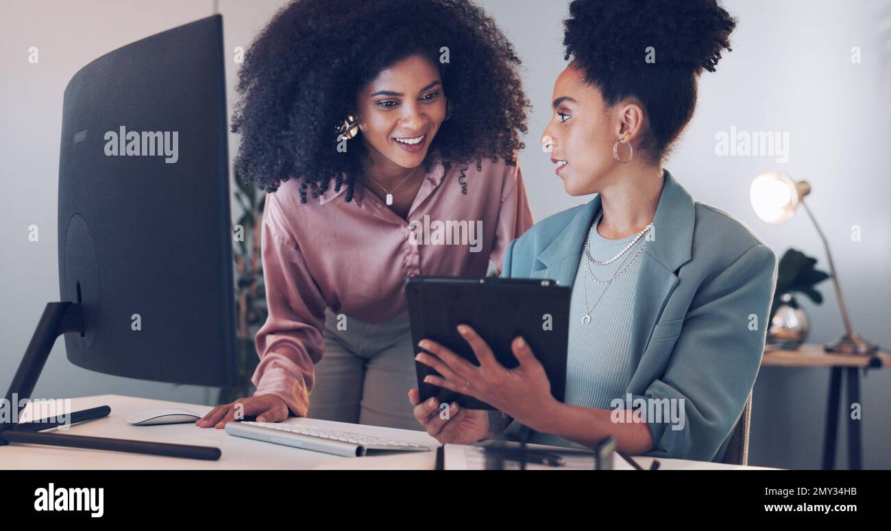 Computer, black african american woman or manager coaching, training or ...