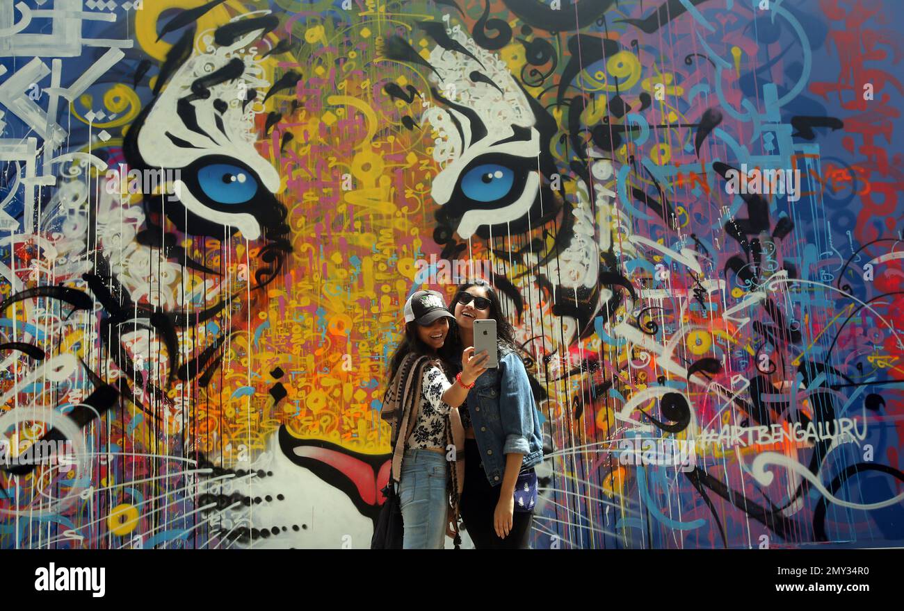 Indian women pose for a selfie in front of a mural made by French ...