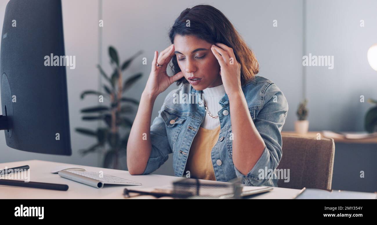 Headache, computer or woman copywriting with stress, burnout or mental ...