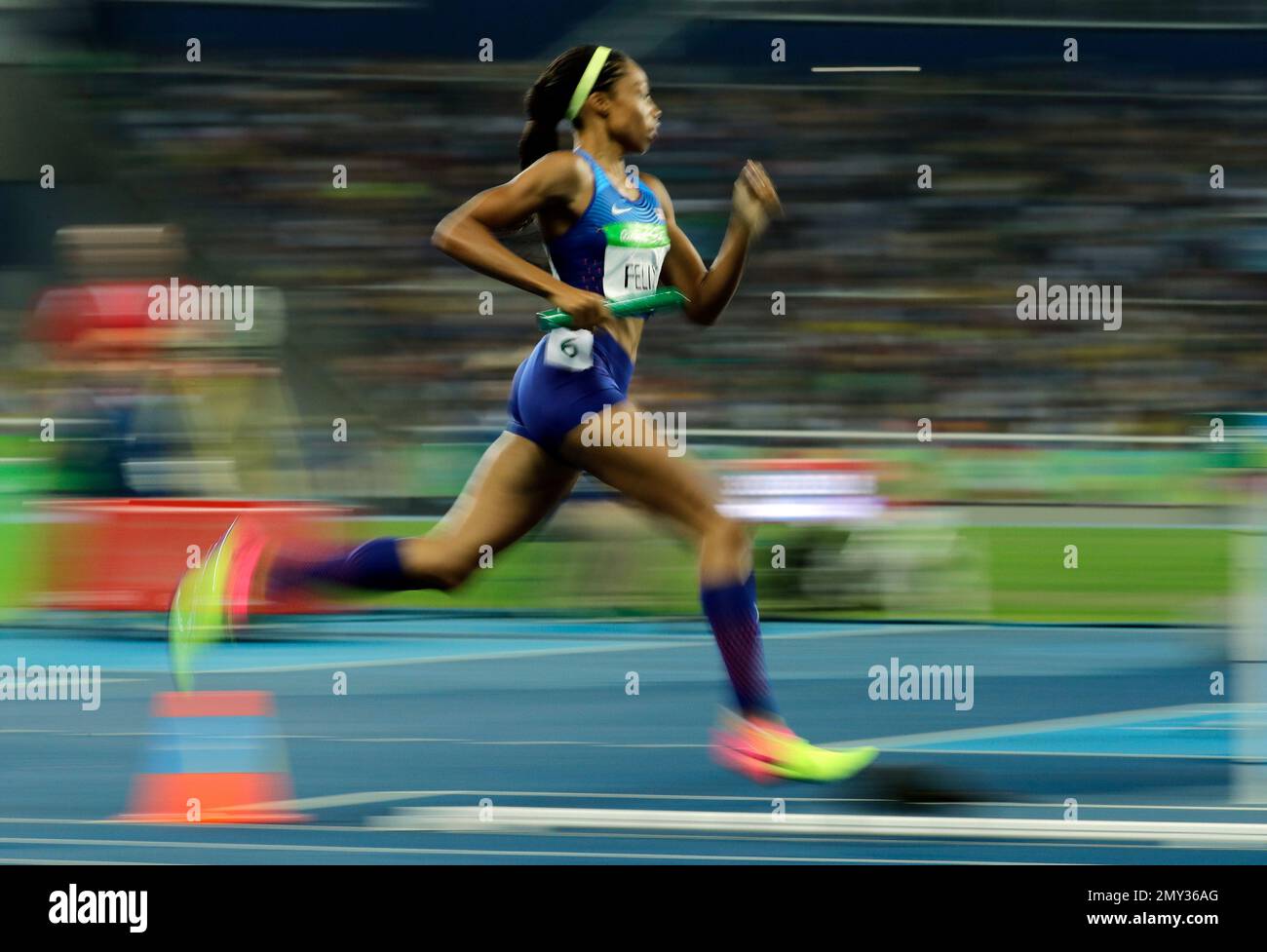 United States' Allyson Felix competes in the women's 4x400-meter relay ...