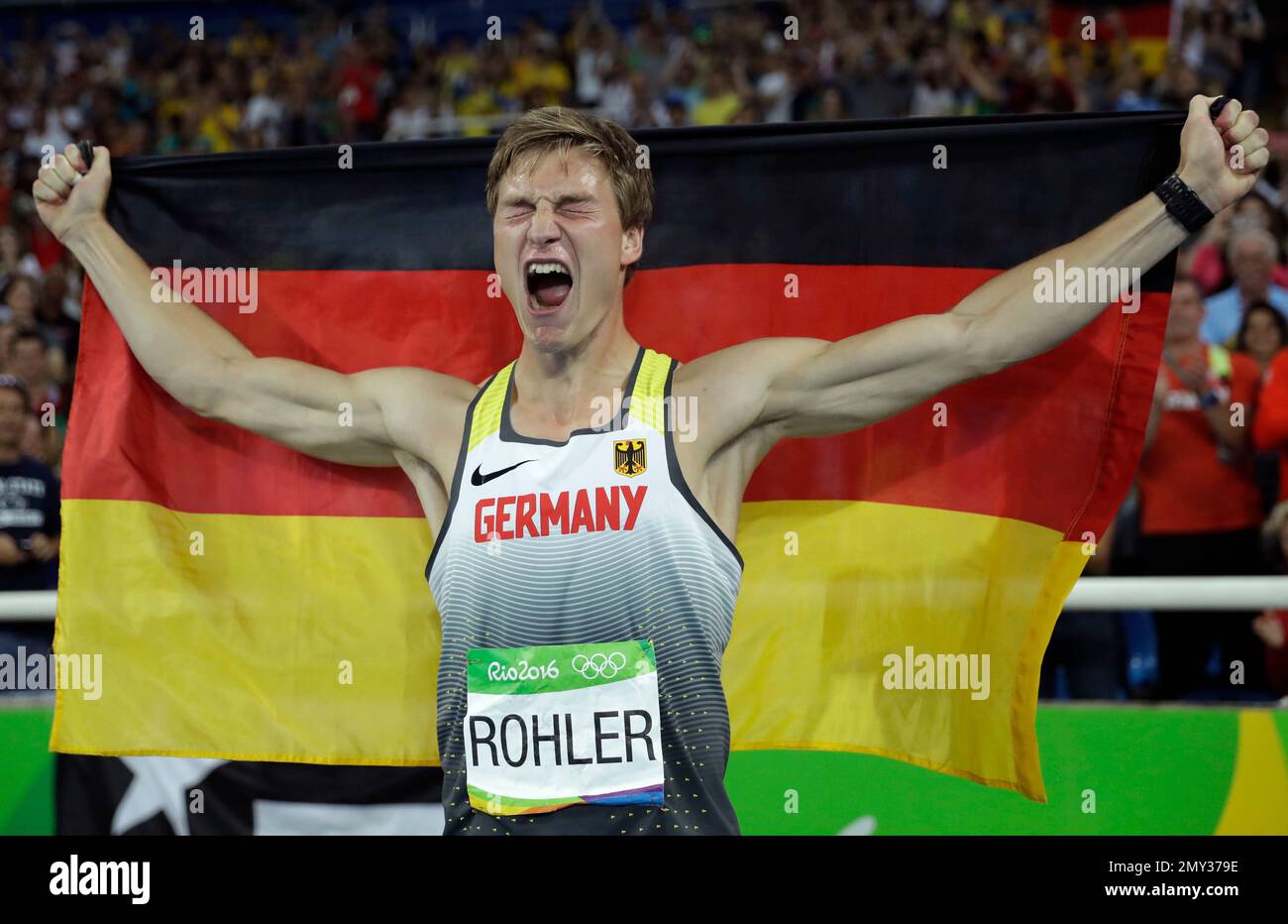 Germany's Thomas Rohler celebrates after winning the gold medal in the ...