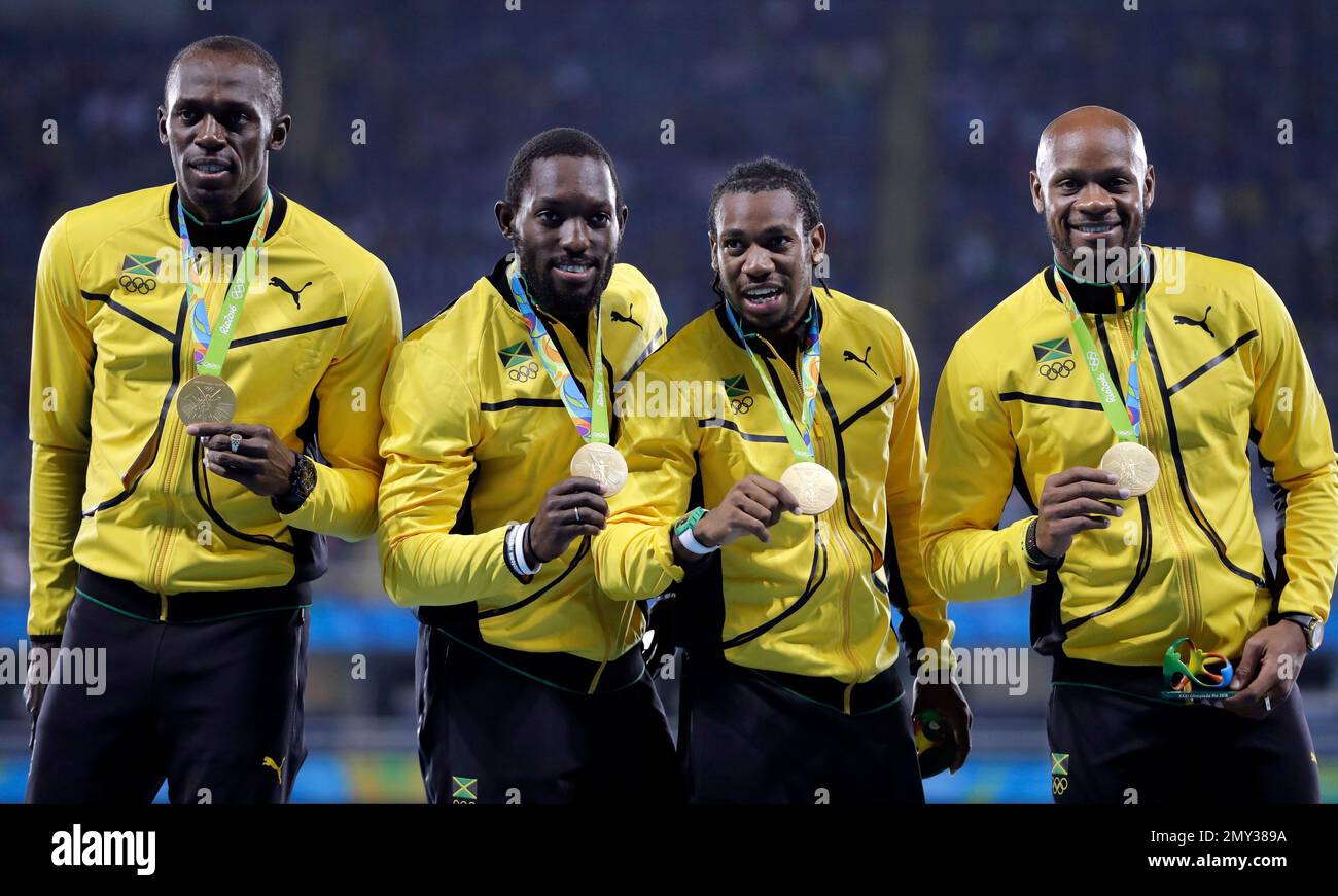 Jamaica's men's 4x100 meters relay gold medalists Usain Bolt, Nickel ...