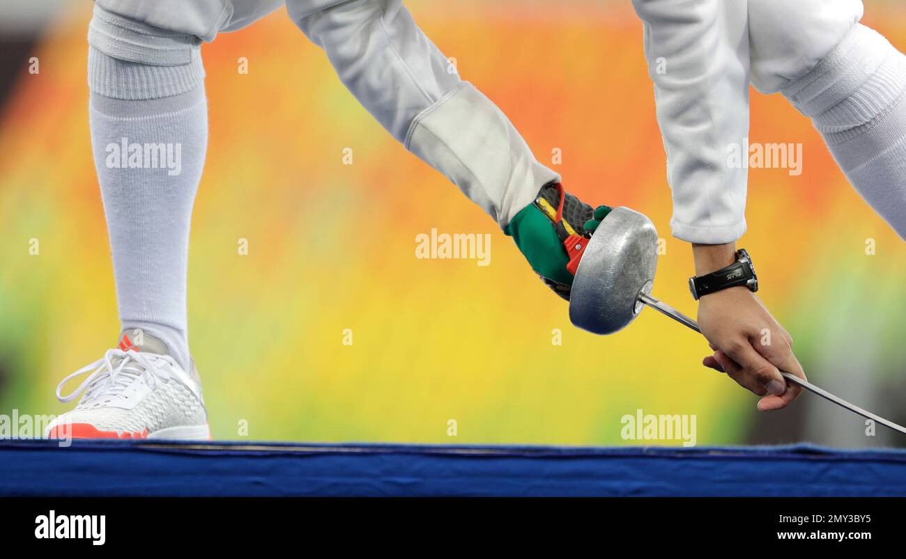 Andriy Fedechko of Ukraine holds his sward at the fencing section of the men's modern pentathlon ...