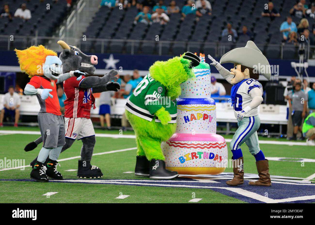 Dallas Cowboys mascot Rowdy, right, celebrates his birthday as the team ...
