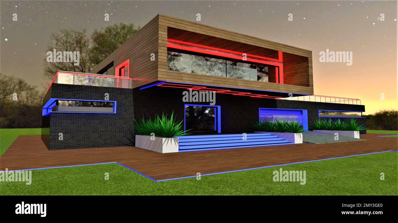 Blue glowing border and steps of the porch at night. Looks suitable ...