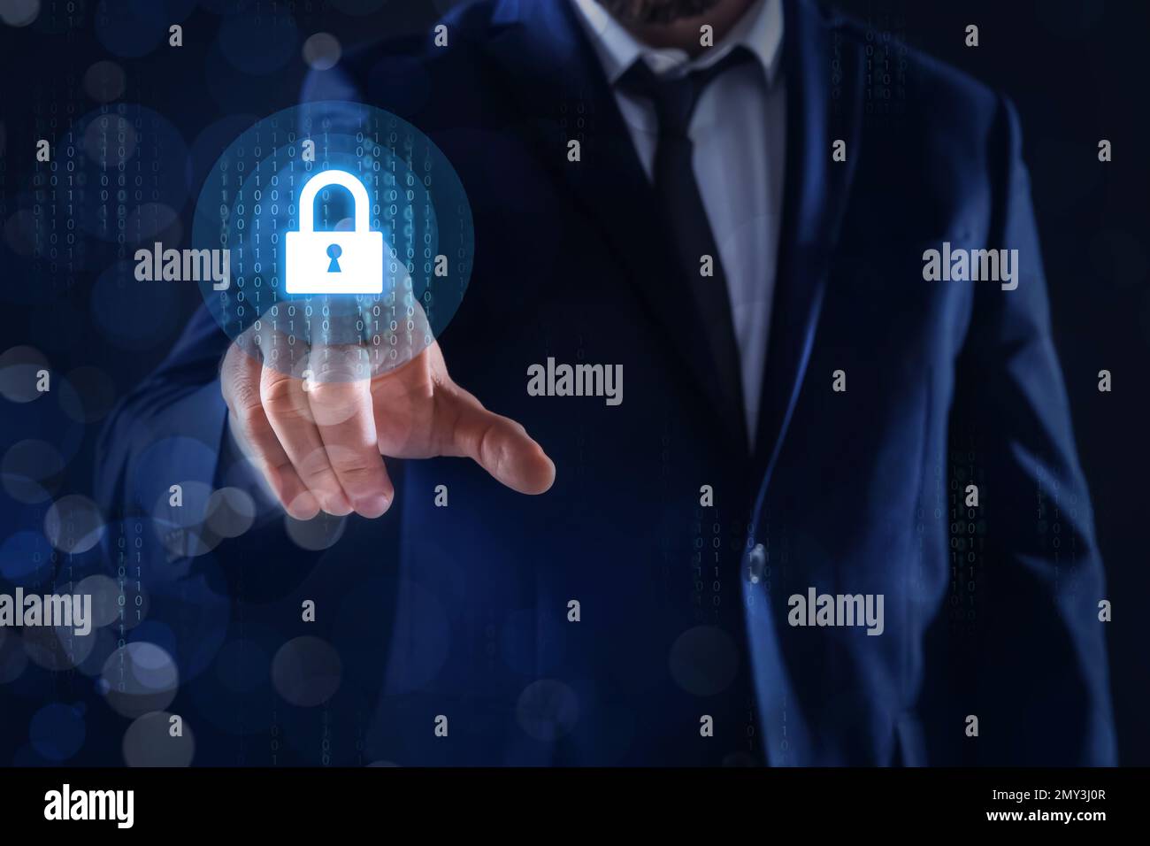 Cyber security concept. Man using virtual screen with padlock ...