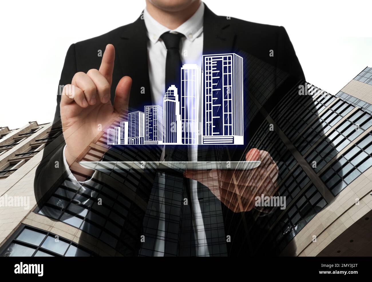 Double exposure of real estate agent with buildings illustration over ...