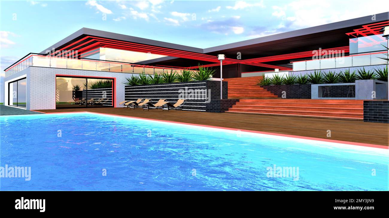 Red day illumination of the luxury country villa with glowing swimming ...