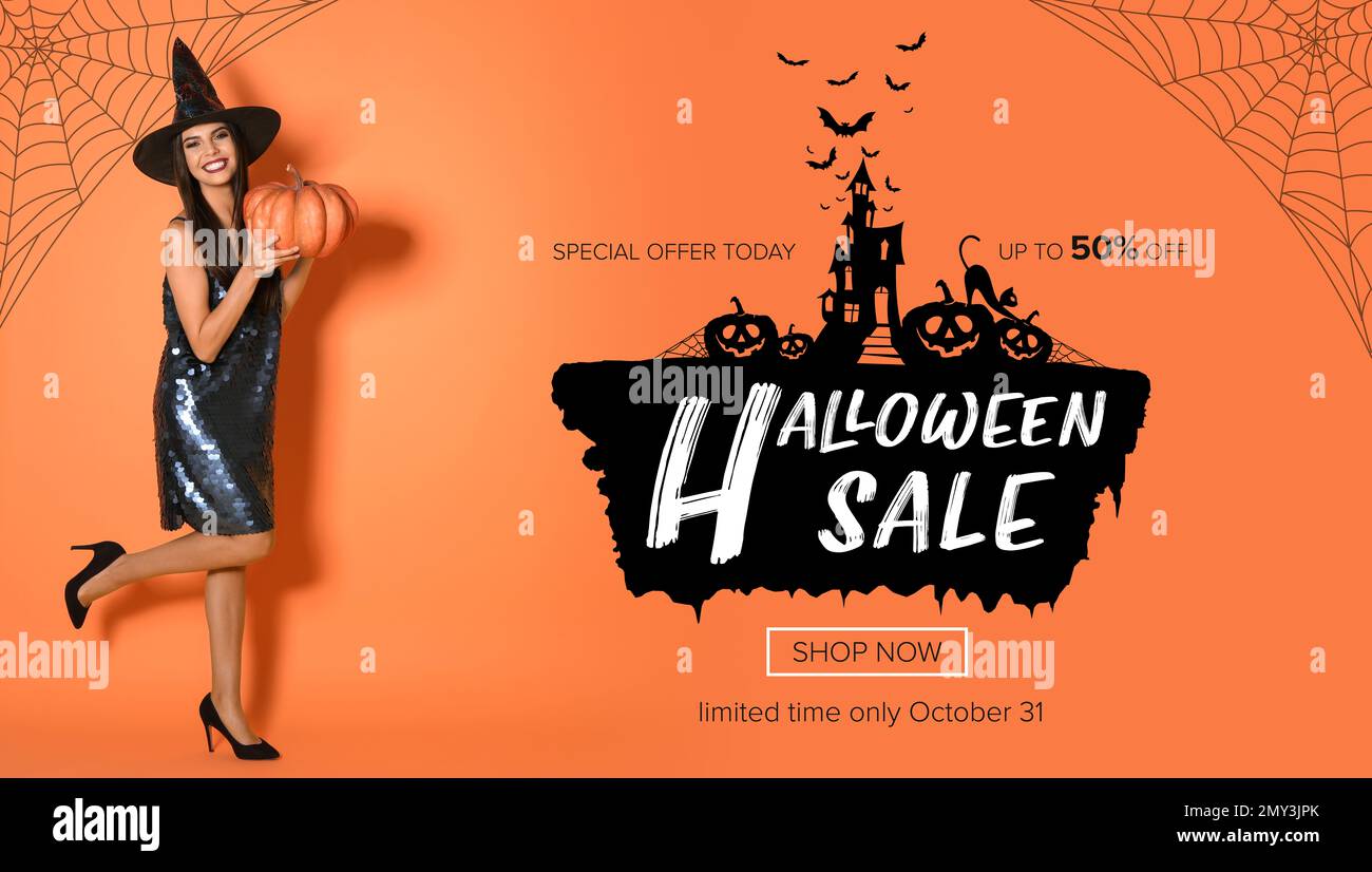 Halloween sale ad design with woman dressed as witch holding pumpkin on ...