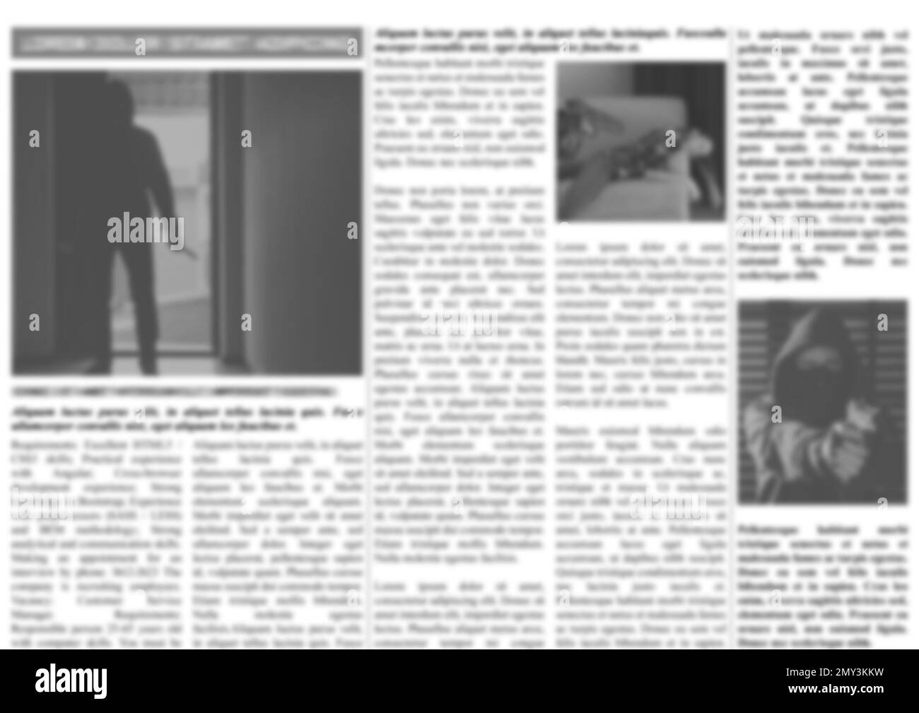 Newspaper with detective article as background, blurred view Stock ...