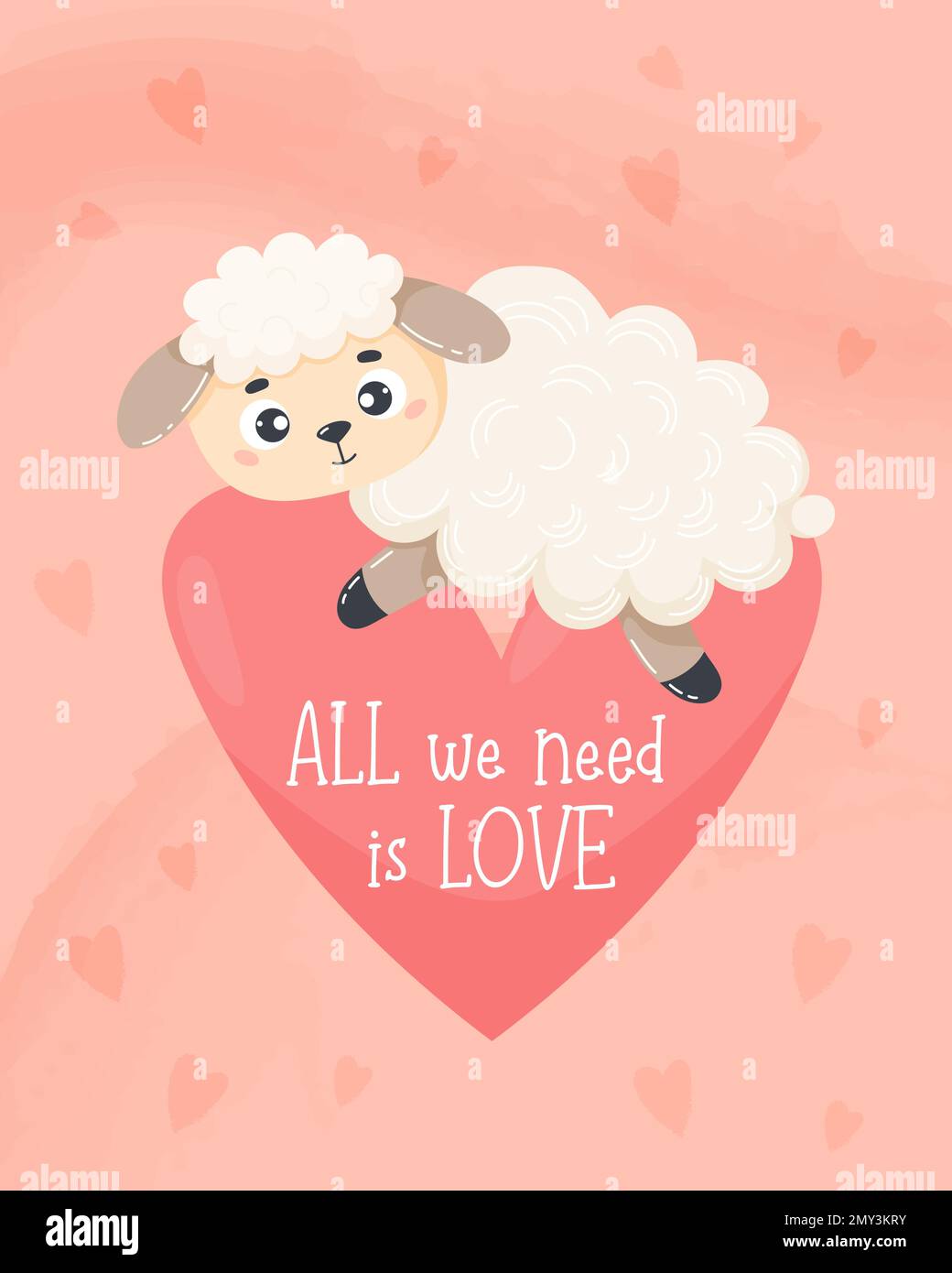 Romantic card with cute sheep in love on big heart. Vector illustration ...
