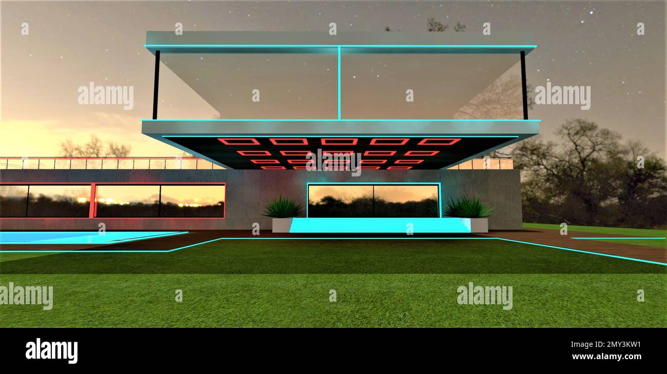 Cantilevered floor above the porch with illuminated turquoise steps ...