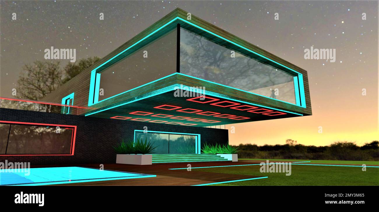 Red glowing squares as a night LED illumination of the entrance to the ...