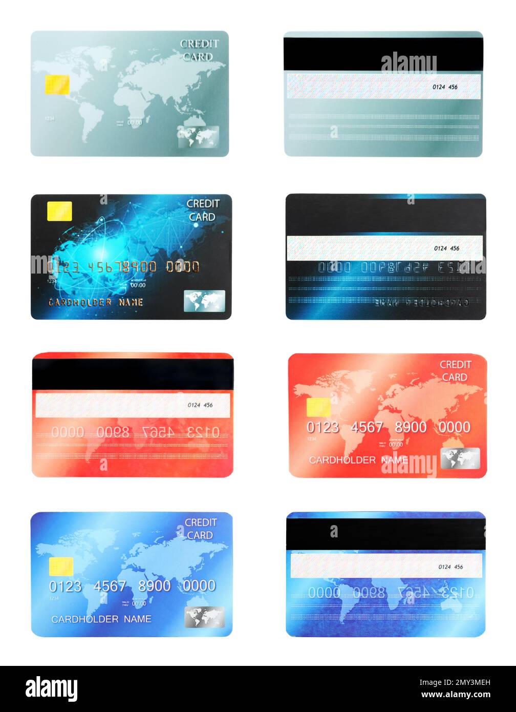 Set of modern credit cards on white background, front and back views ...