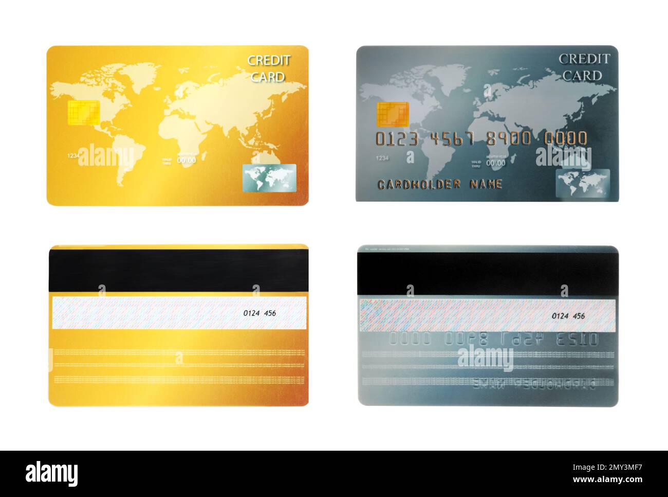 Modern credit cards on white background, front and back views Stock ...