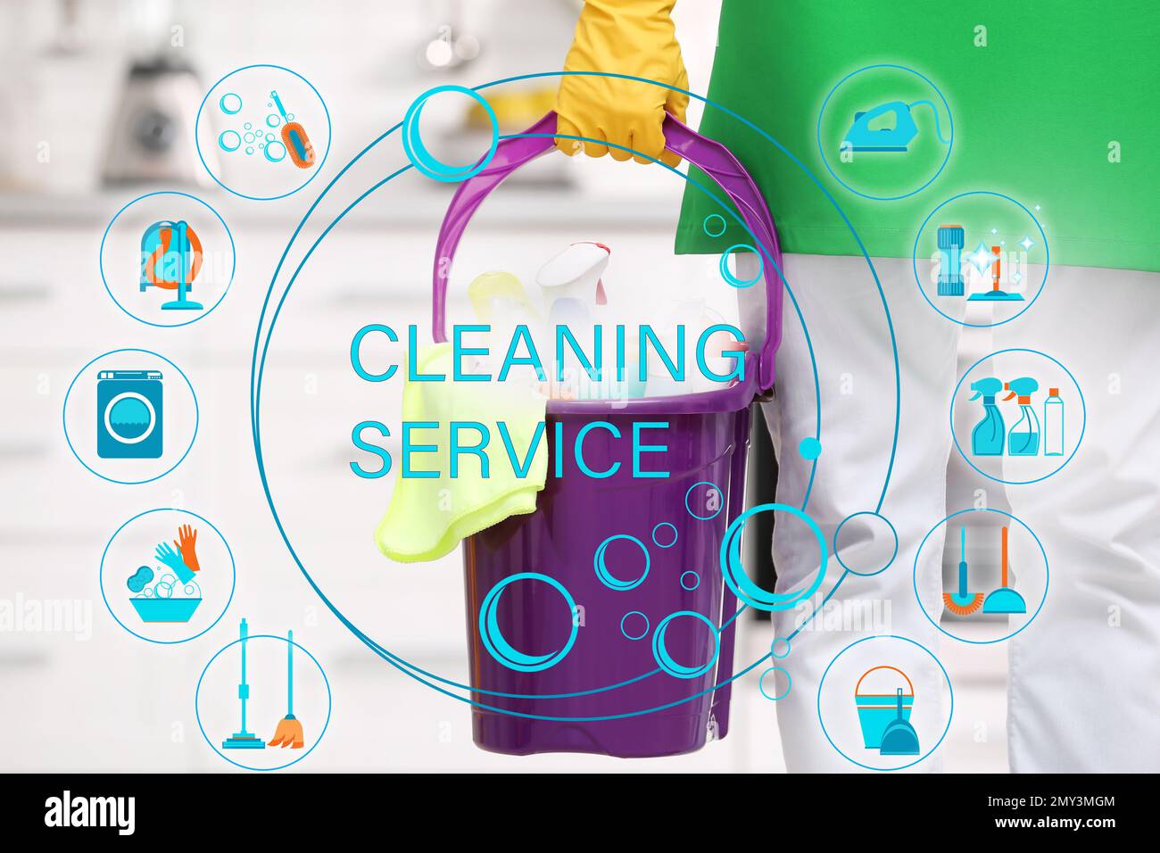 Cleaning service related icons and janitor with supplies Stock Photo ...