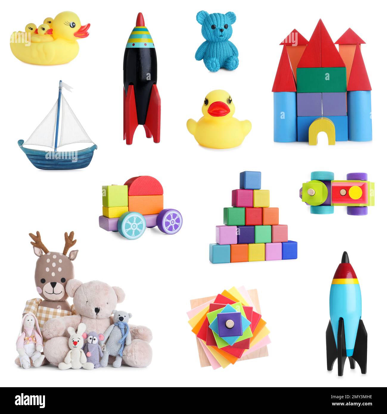 Set of different toys for kids on white background Stock Photo - Alamy