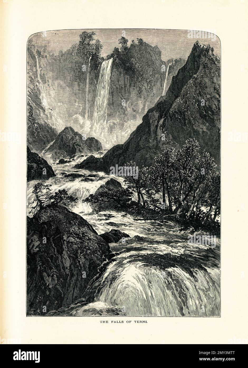 Antique illustration of Marmore's Falls, a man-made waterfall located ...