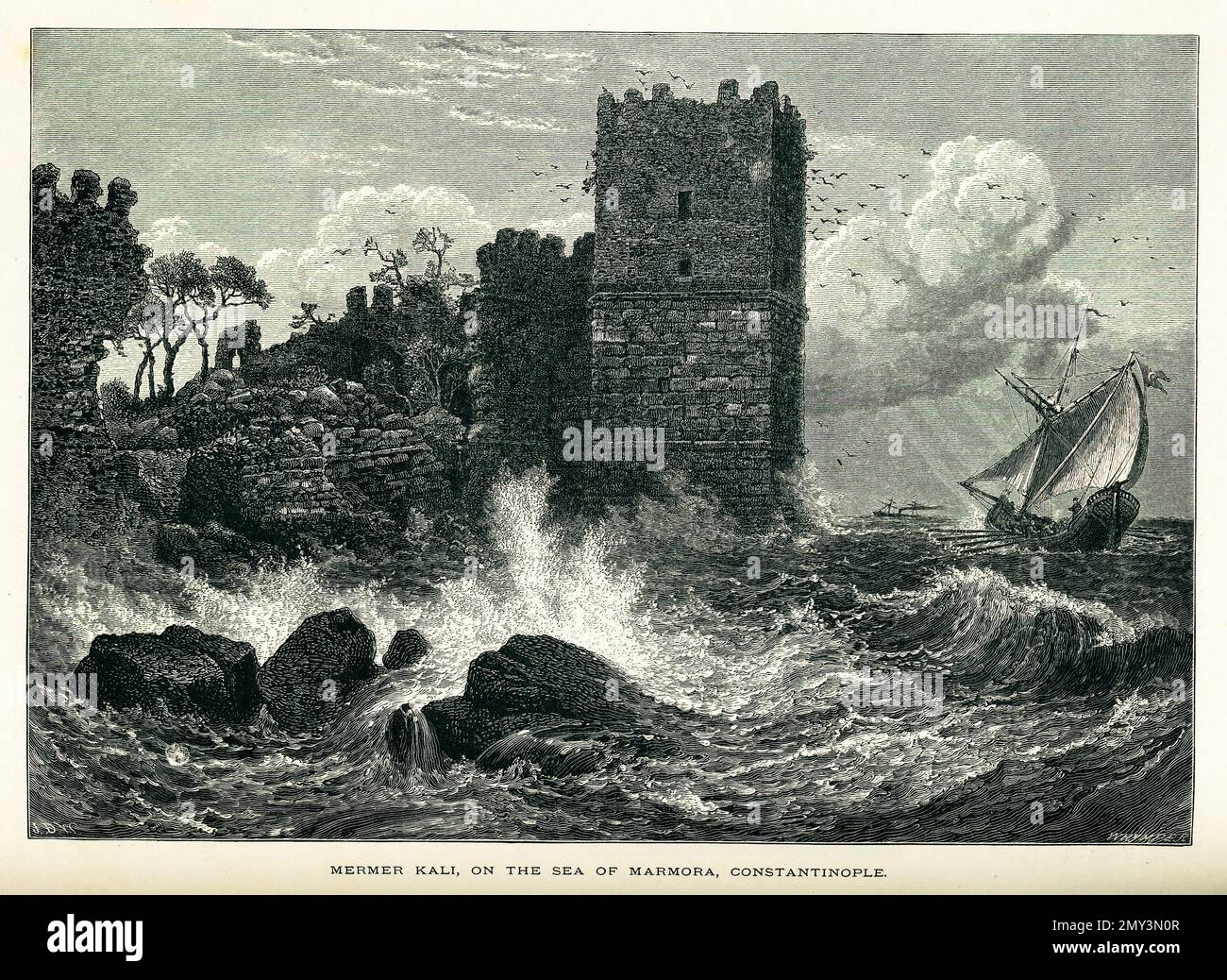 Antique engraving of Mermer Kali, a castle on the Sea of Marmora ...