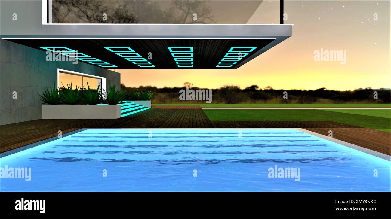 Blue water surface of the swimming pool under the console floor ...