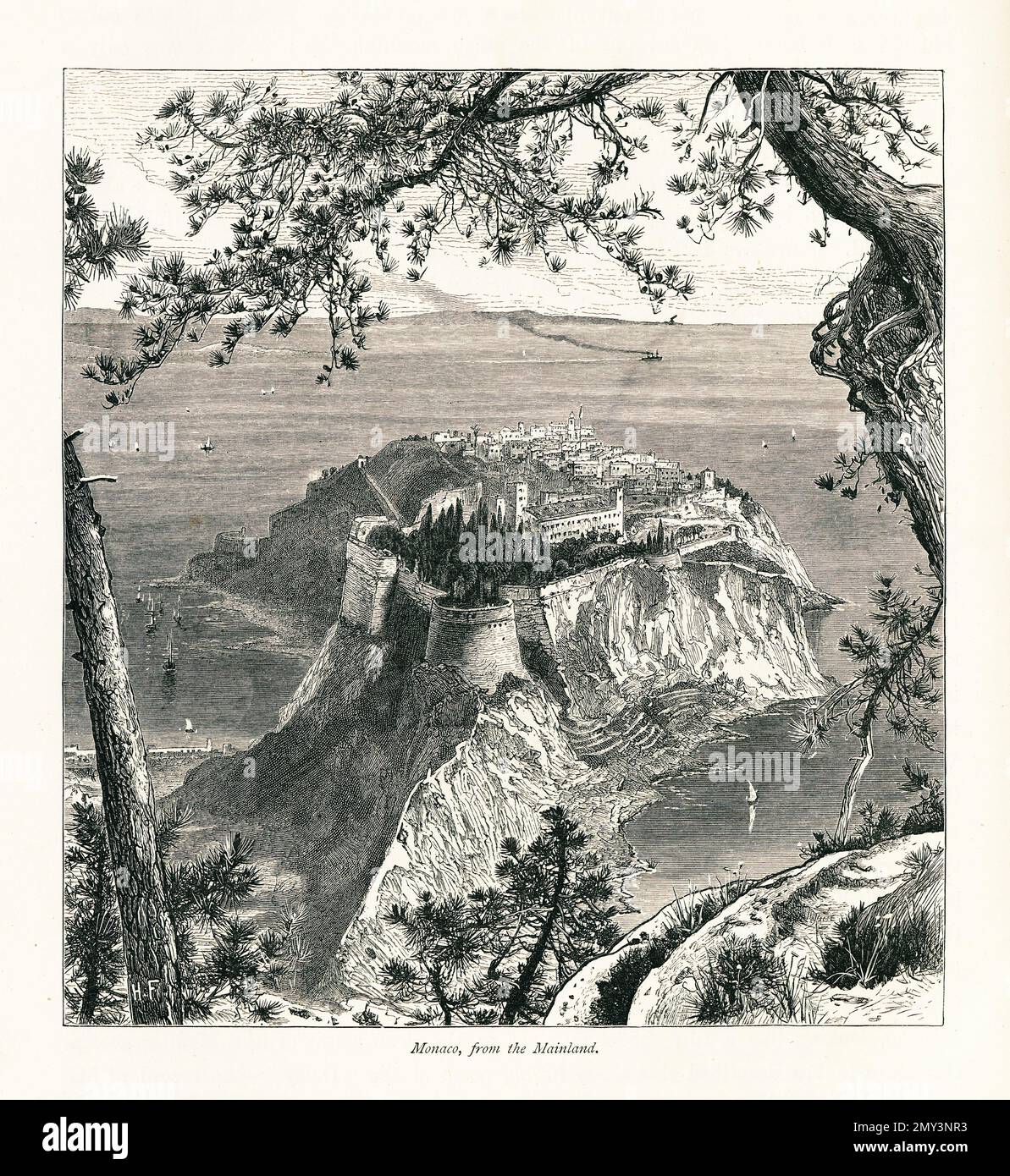 Antique illustration of Monaco, a city state, located on the French ...