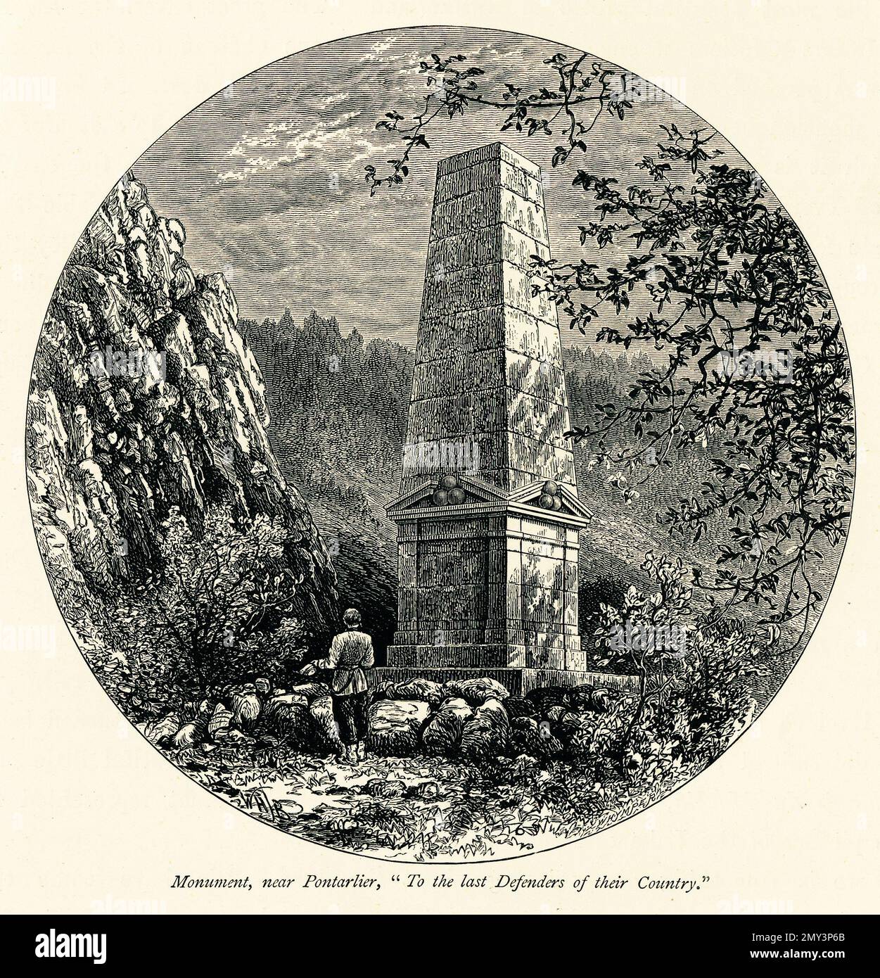 Antique engraving of a monument near Pontarlier, France. Illustration ...