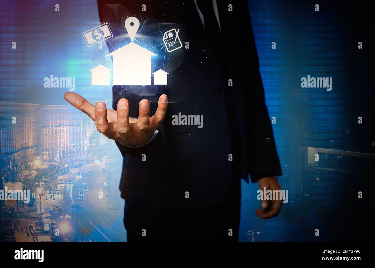 Double exposure of real estate agent with house illustration and night ...