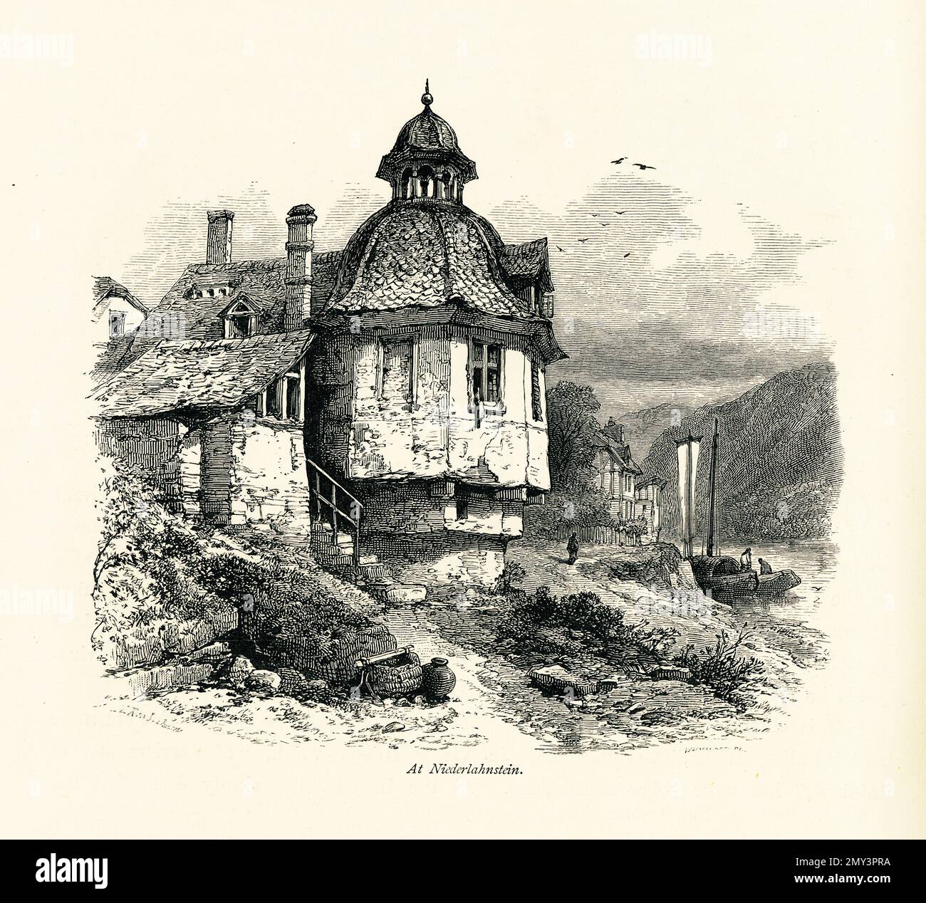 Antique view of Niederlahnstein, a village in Germany situated on the ...