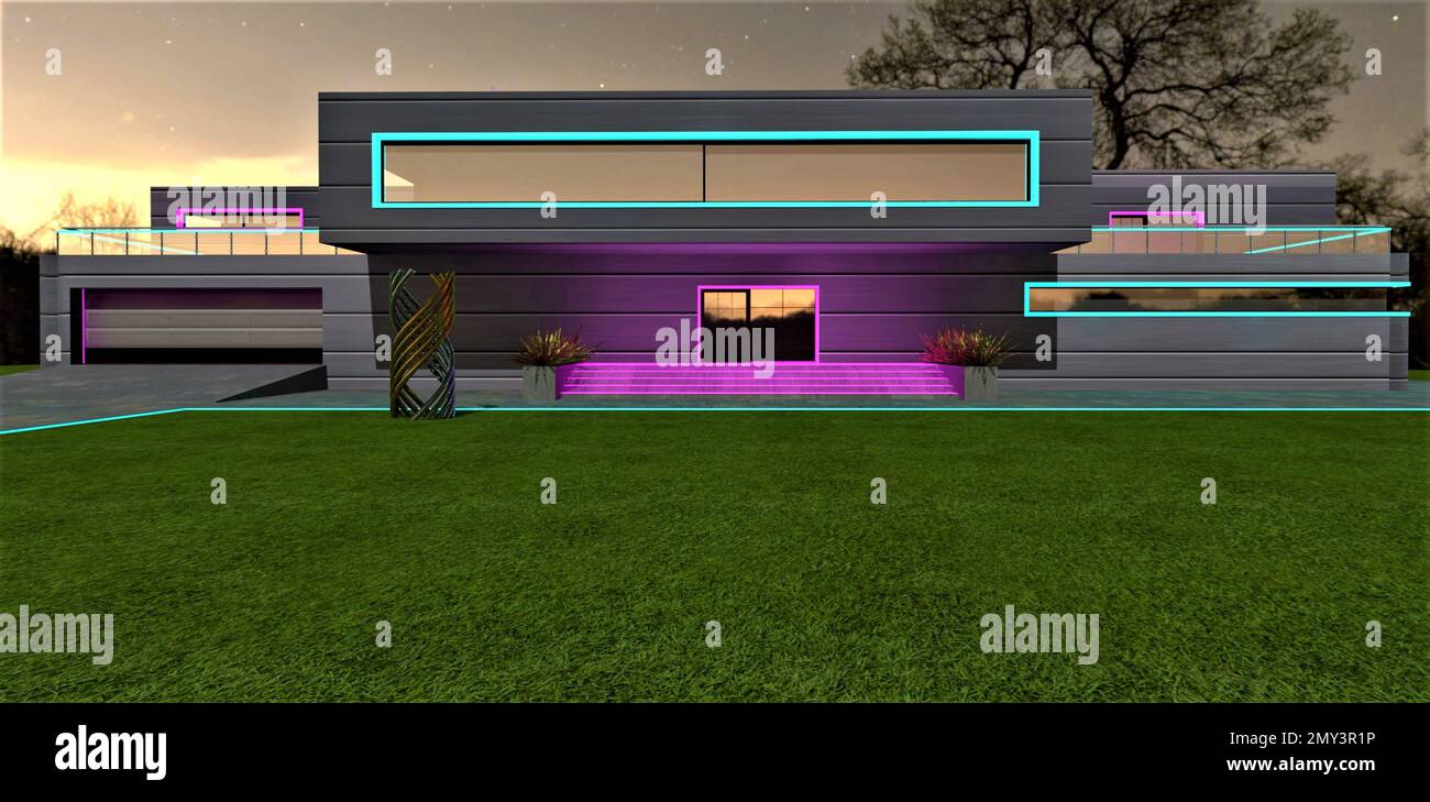 Freshly cut lawn in front of the stylish porch with concrete steps ...