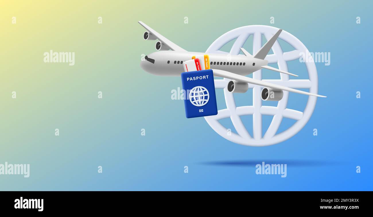 3d airplane illustration with passport and boarding pass inside in ...